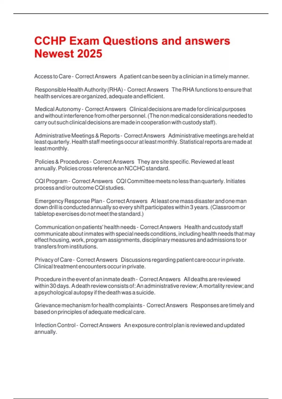 CCHP Exam Questions and answers Newest 2025 - CCHP - Stuvia US