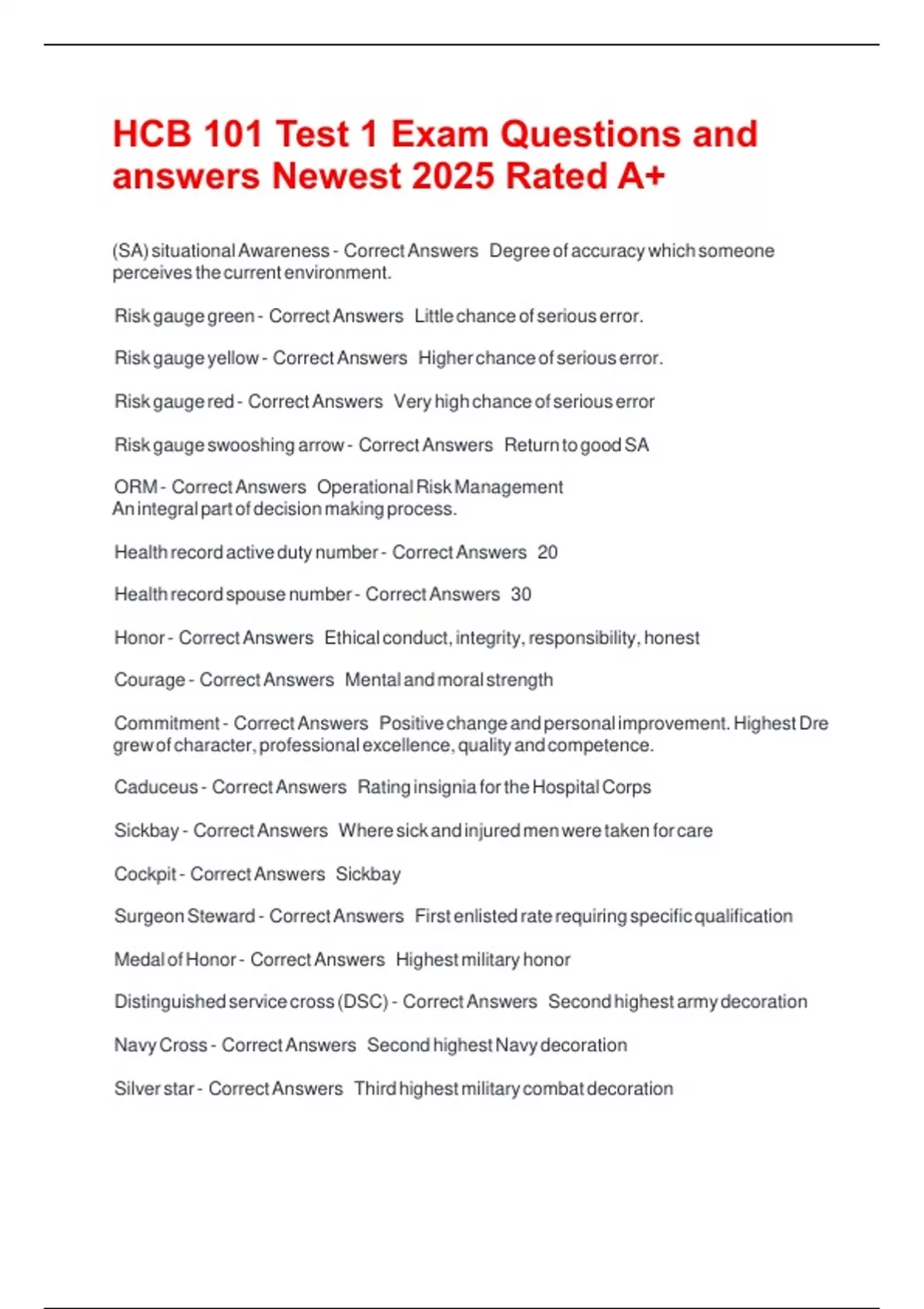 HCB 101 Test 1 Exam Questions and answers Newest 2025 Rated A+ - Hcb ...