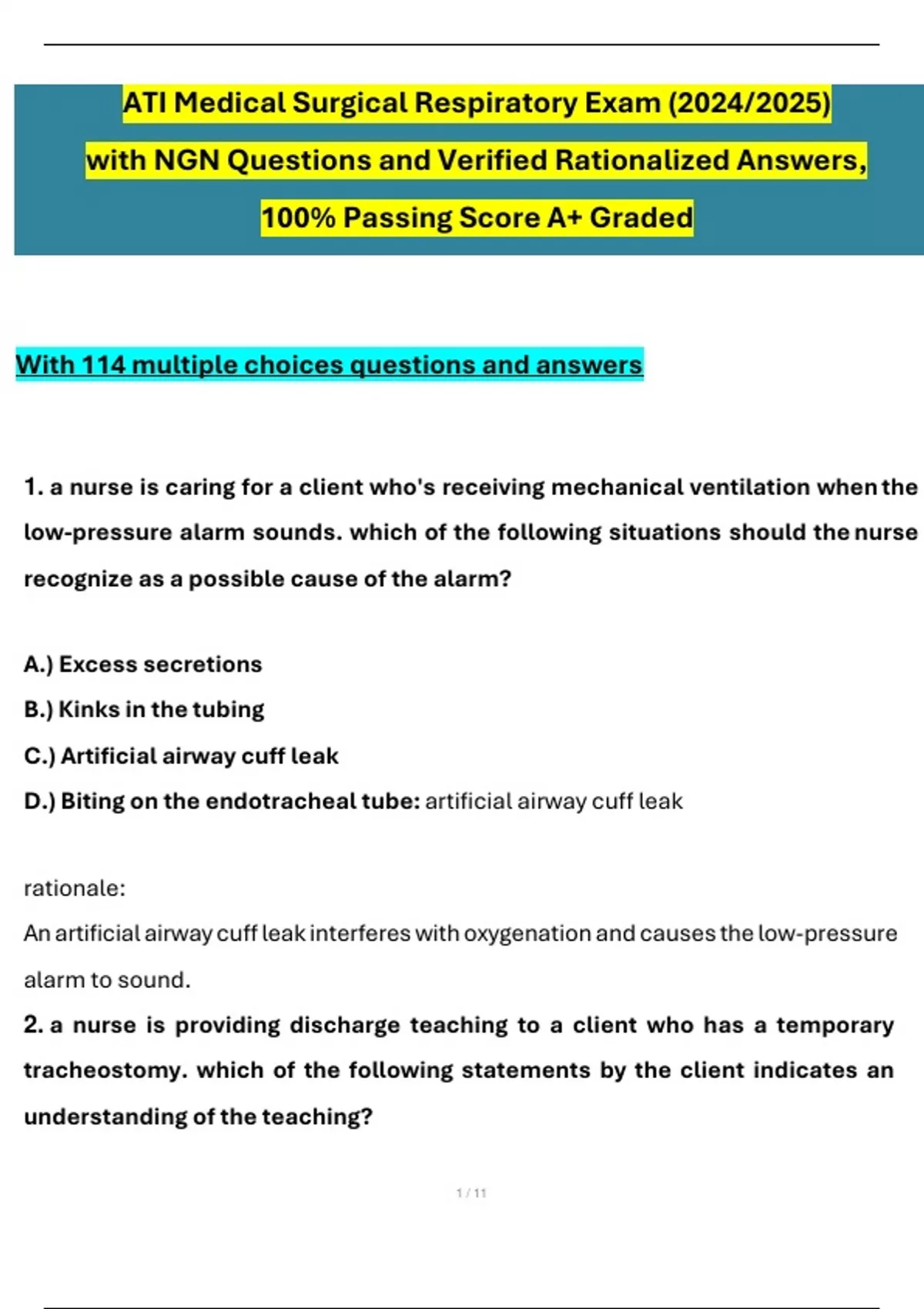 ATI Medical Surgical Respiratory Exam (2024/2025) with NGN Questions ...