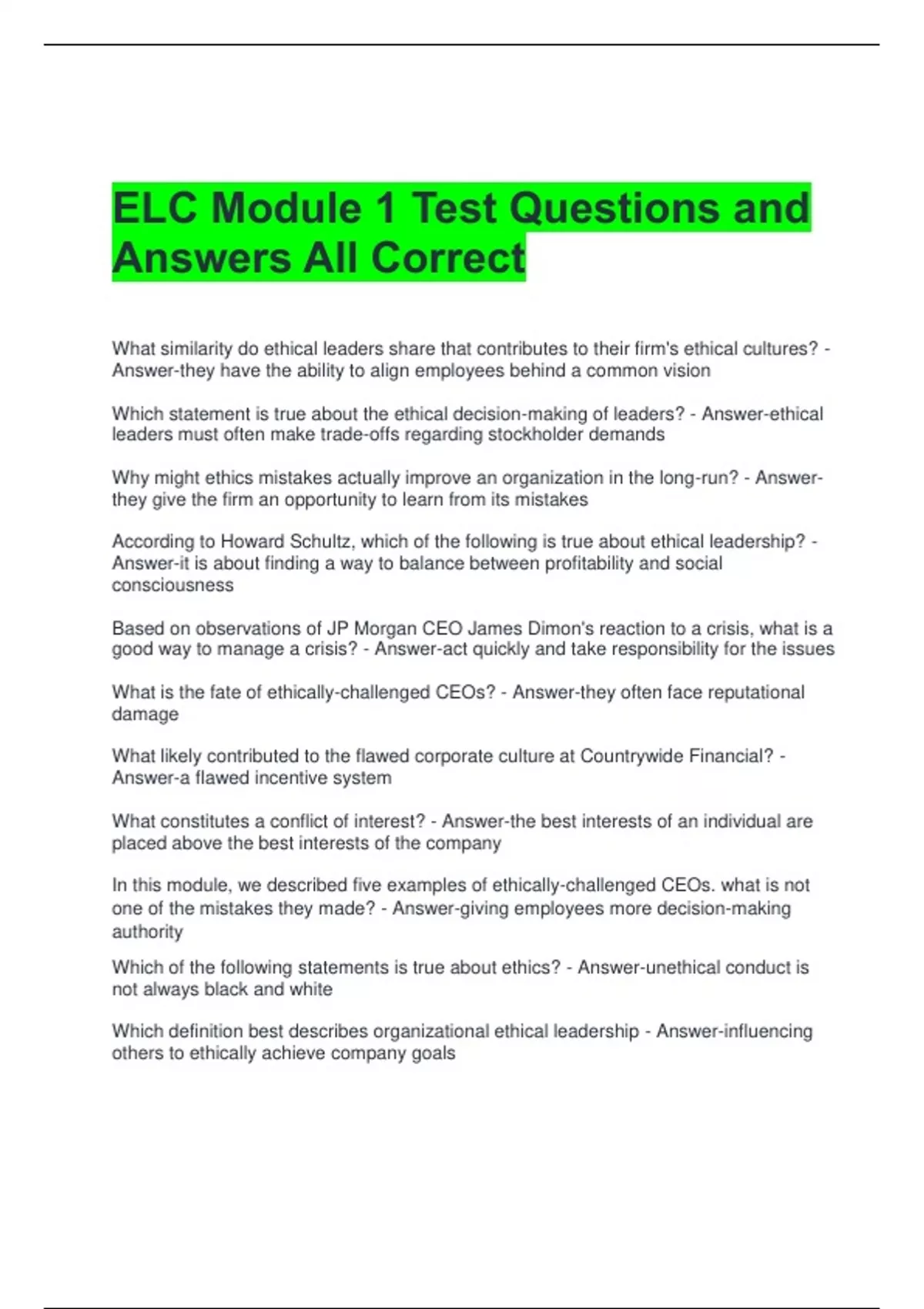 ELC Module 1 Test Questions and Answers All Correct - ELC - Stuvia US