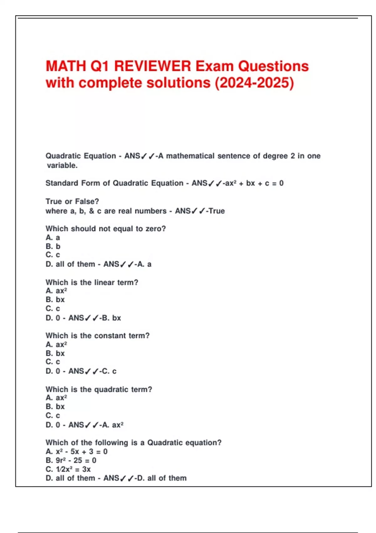 MATH Q1 REVIEWER Exam Questions with complete solutions () - TQL Math ...