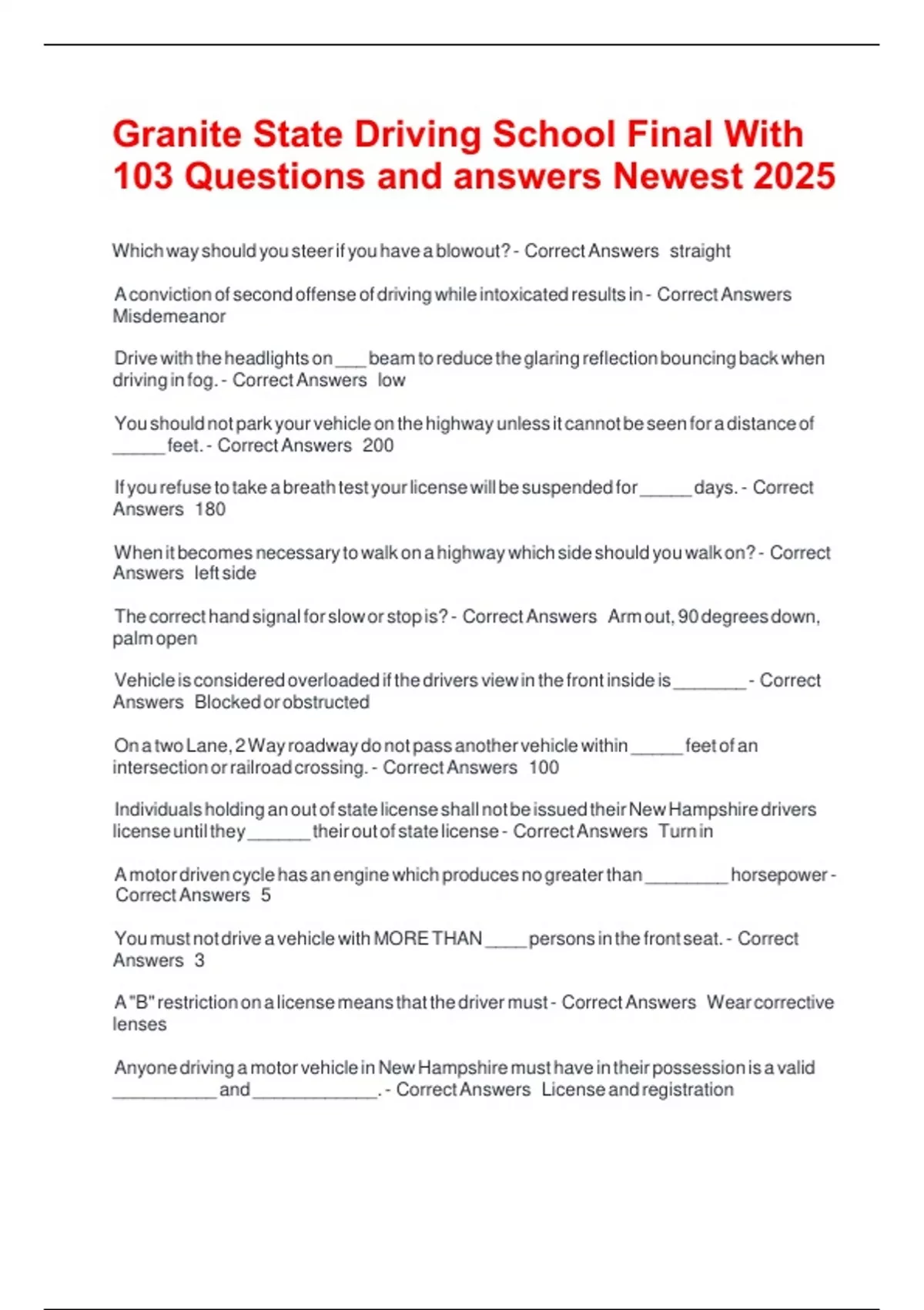 Granite State Driving School Final With 103 Questions and answers ...