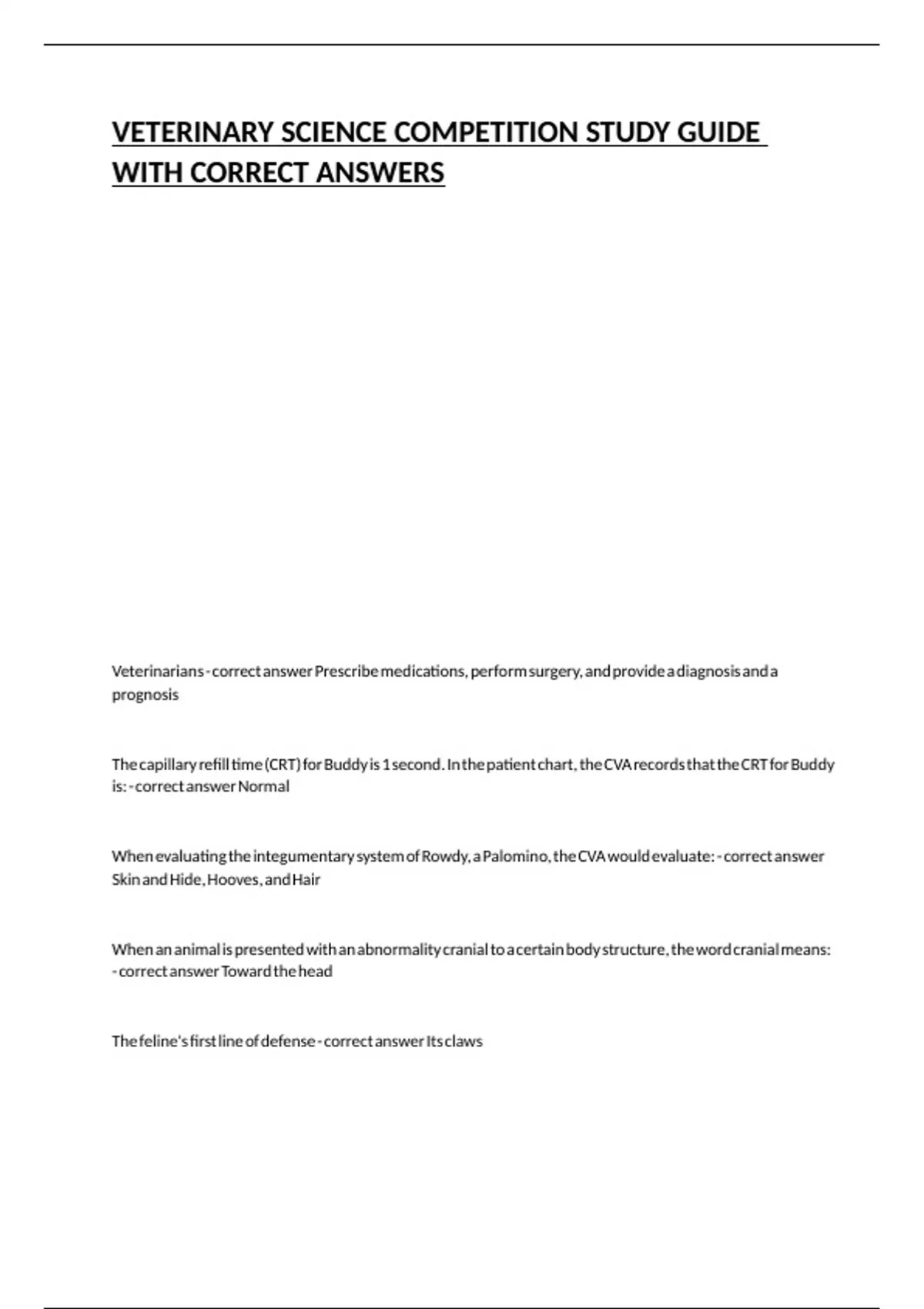 VETERINARY SCIENCE COMPETITION STUDY GUIDE WITH CORRECT ANSWERS ...
