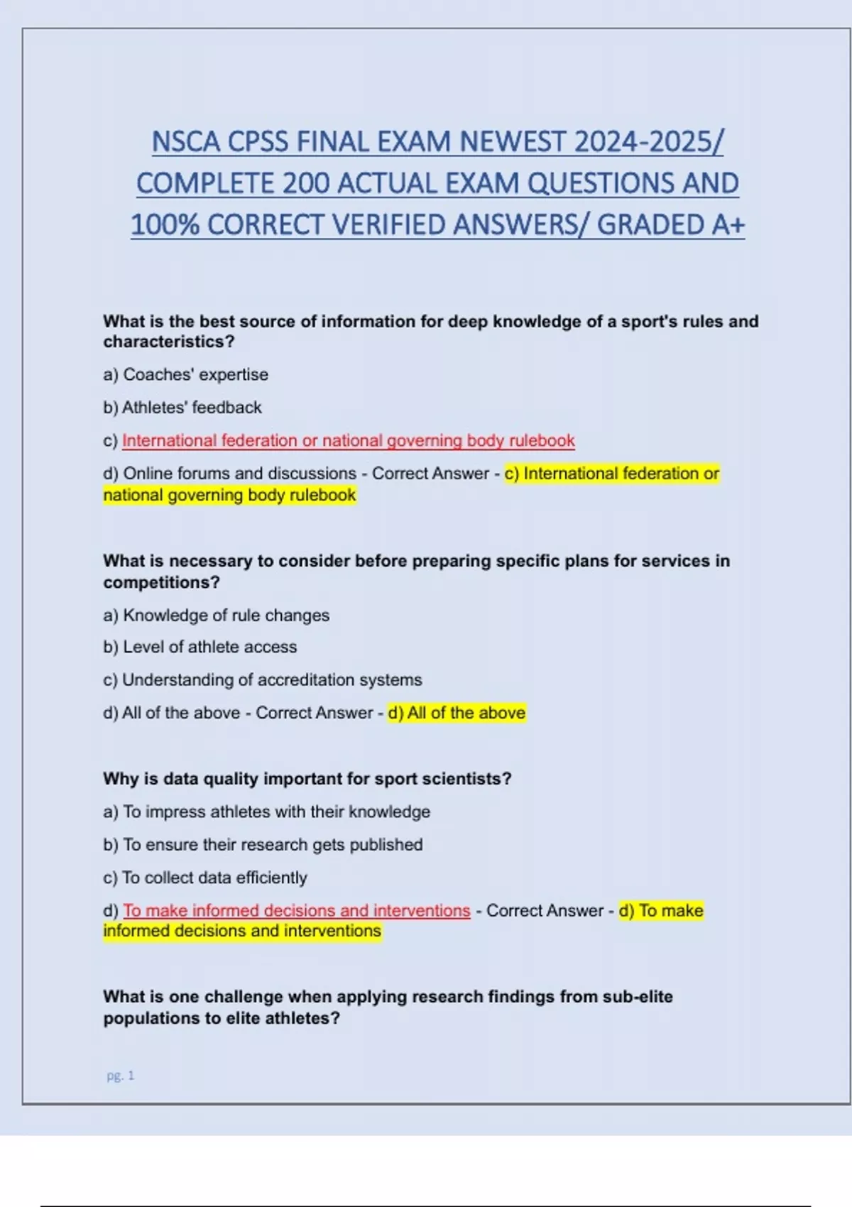 NSCA CPSS FINAL EXAM NEWEST / COMPLETE 200 ACTUAL EXAM QUESTIONS AND ...