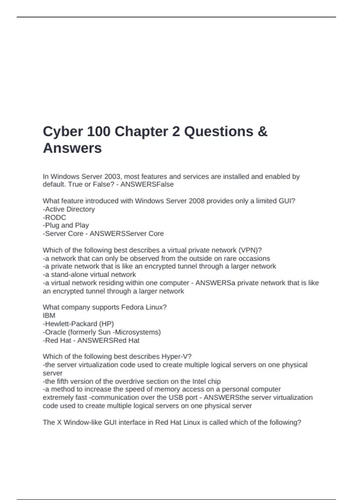 Cyber 100 Chapter 2 Questions & Answers - Cyber 100 Chapter 2 - Stuvia US