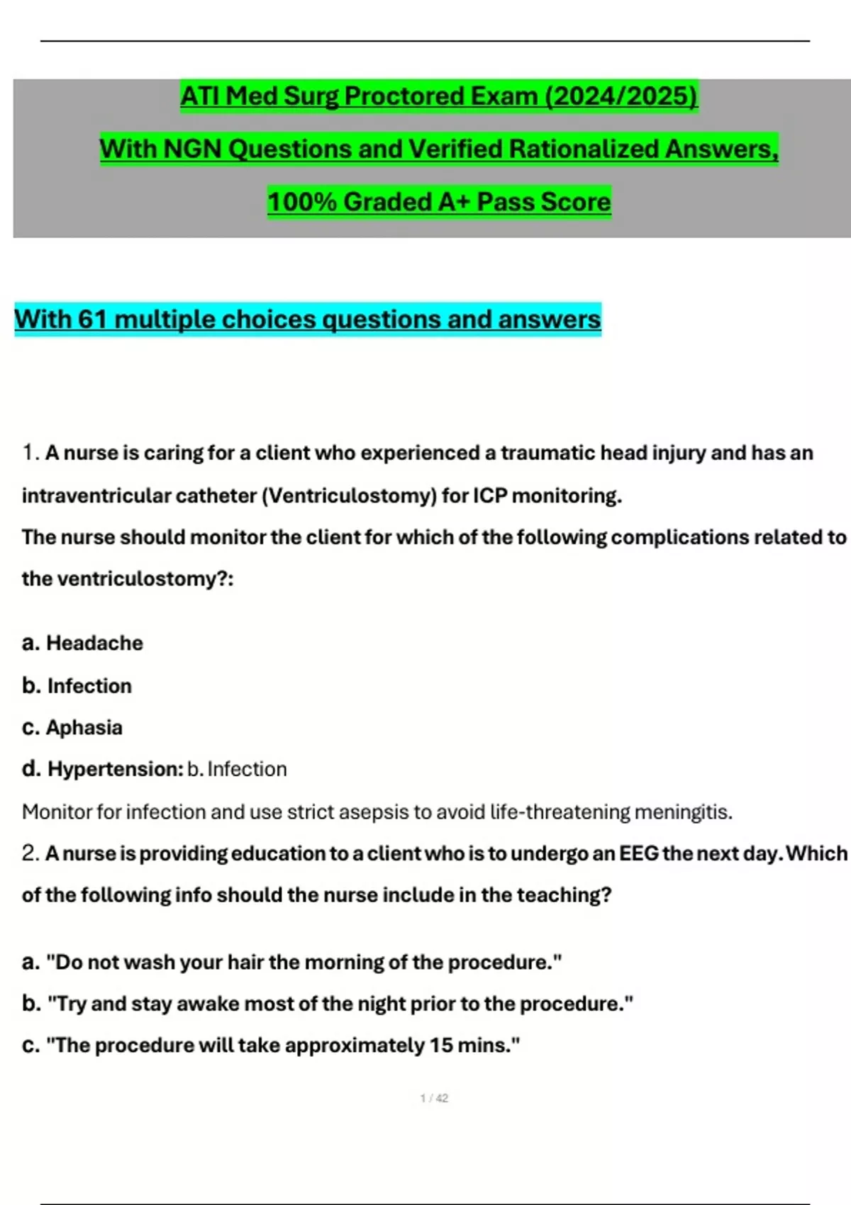 ATI Med Surg Proctored Exam (2024/2025) With NGN Questions and Verified ...