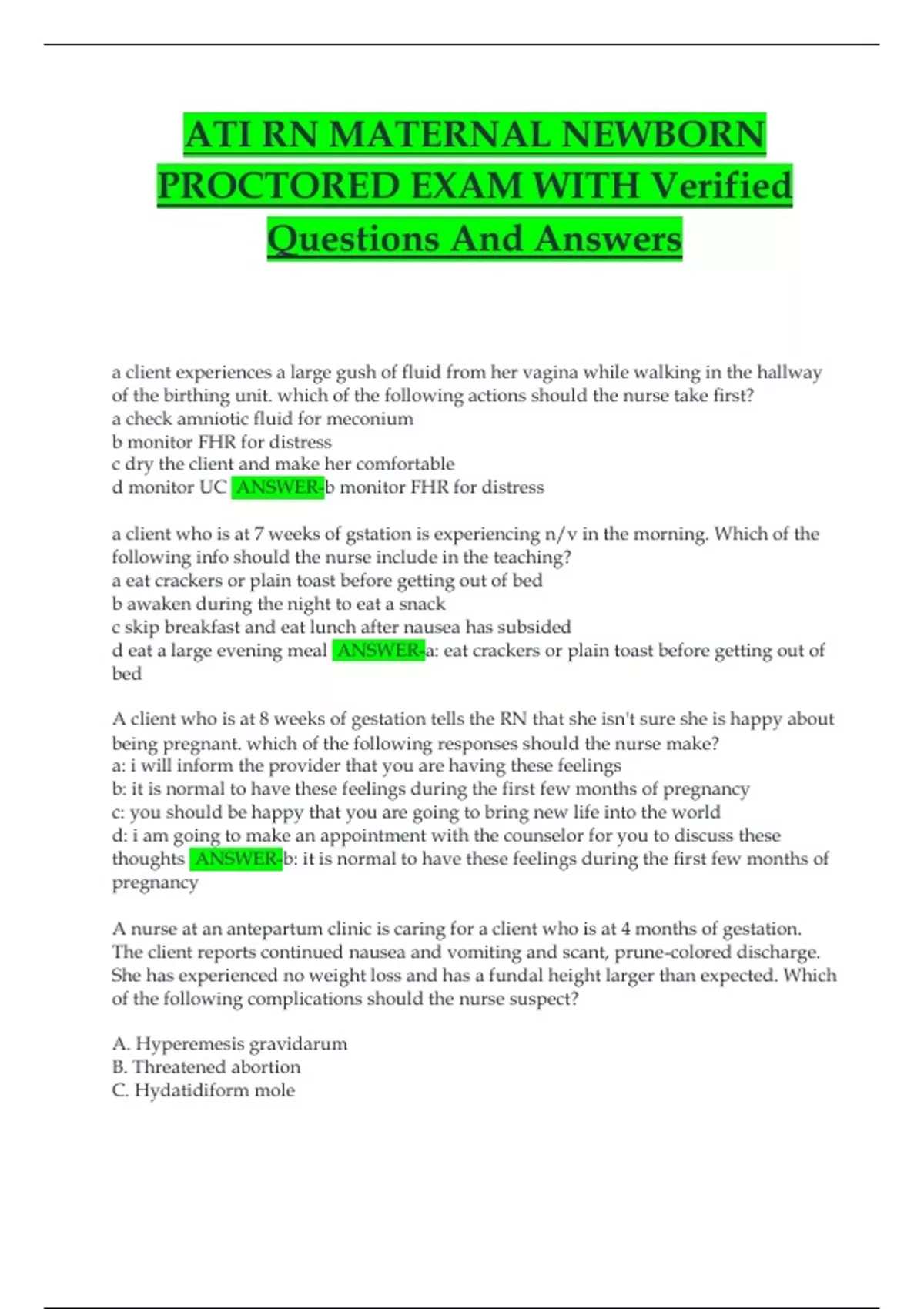 ATI RN Maternal Newborn 2024/2025 (proctored) with verified answers ...