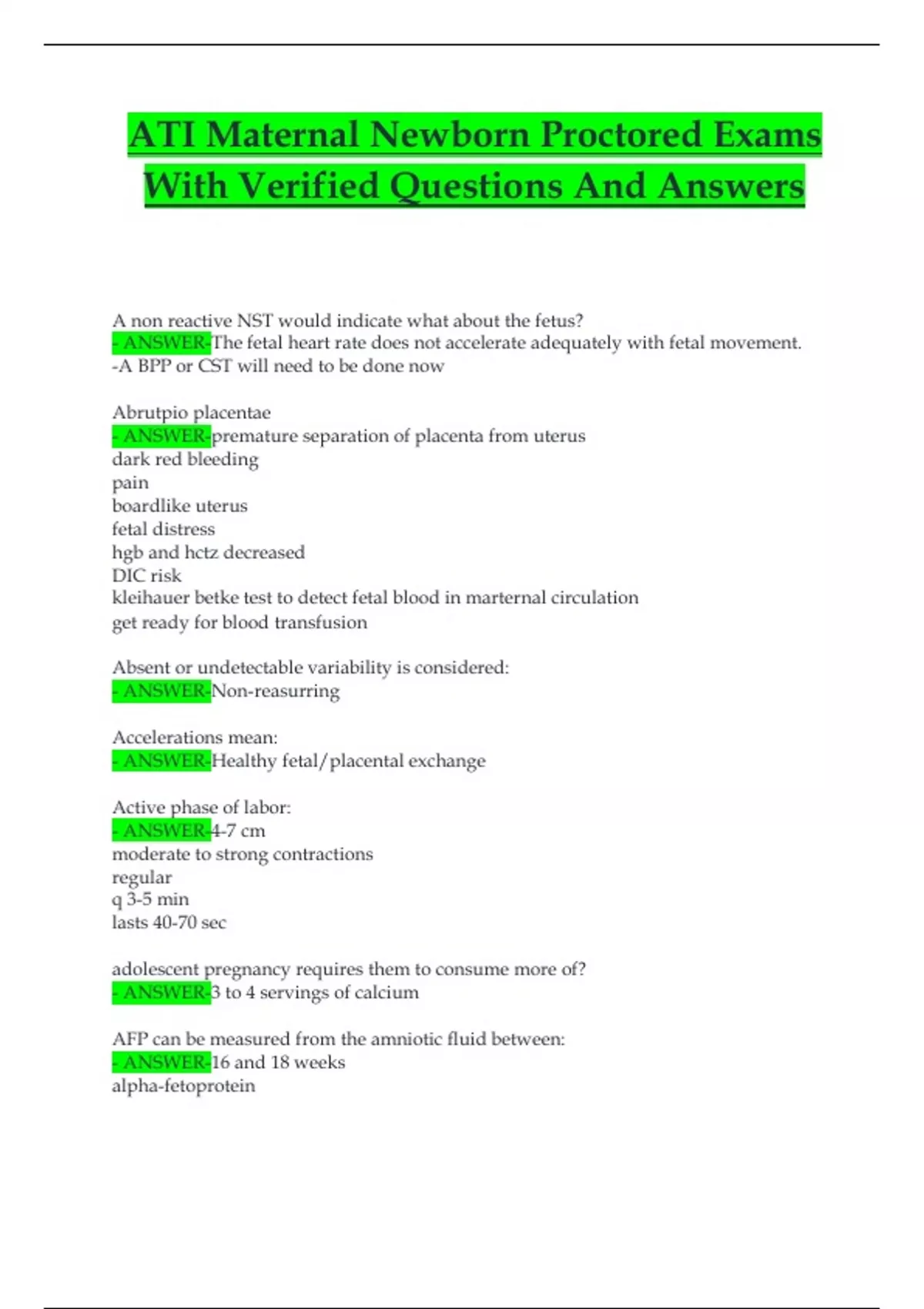 ATI Maternal Newborn Practice Exam| 2024/ 2025 Questions and Verified ...