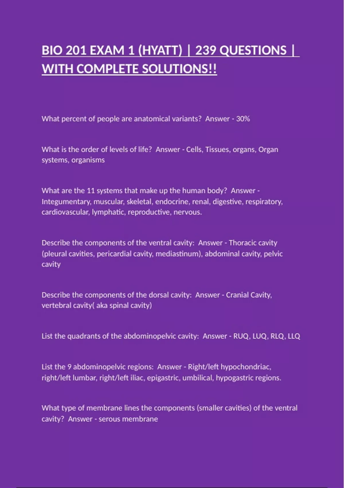 BIO 201 EXAM 1 (HYATT) | 239 QUESTIONS | WITH COMPLETE SOLUTIONS!! - BIO 201 - Stuvia US