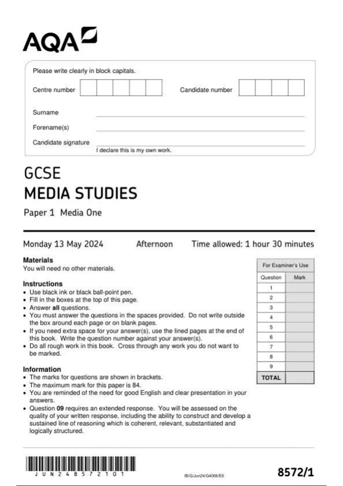 AQA GCSE MEDIA STUDIES Paper 1 Media One question paper june - AQA A ...