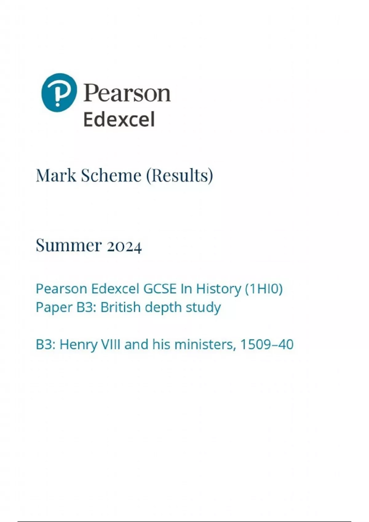 2024 EDEXCEL GCSE HISTORY BOOKLET B3 (1 HI0/B3) MARK SCHEME - History ...