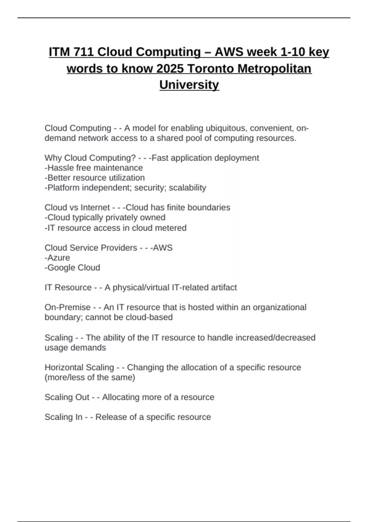 ITM 711 Cloud Computing – AWS week 1-10 key words to know 2025 Toronto Metropolitan University ...