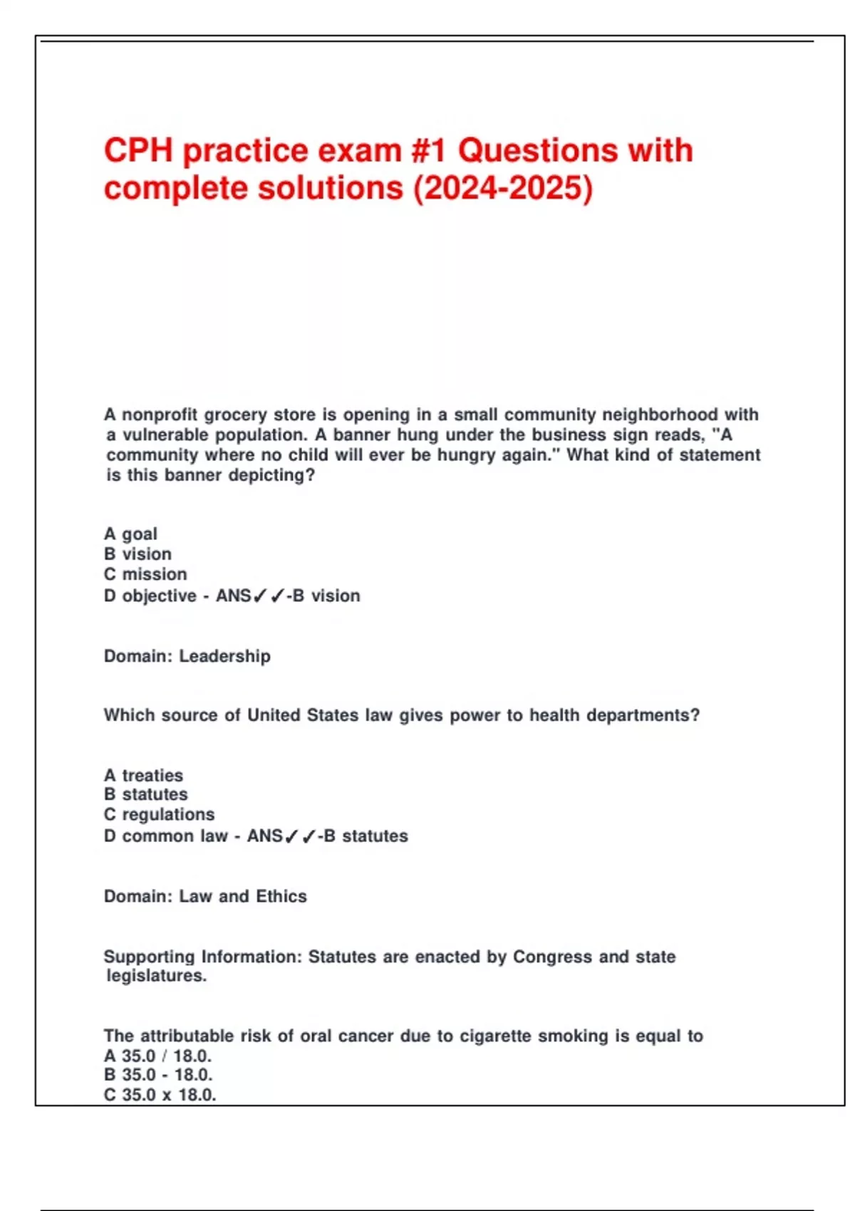CPH practice exam -1 Questions with complete solutions (). - CPH ...