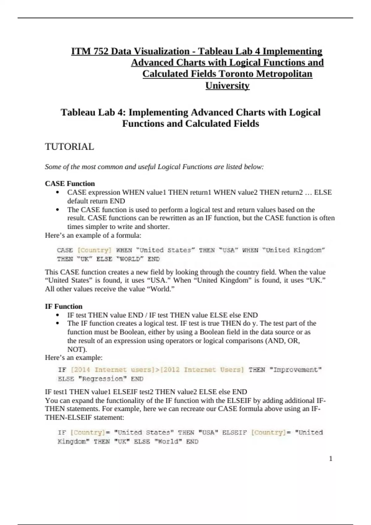 ITM 752 Data Visualization - Tableau Lab 4 Implementing Advanced Charts with Logical Functions ...