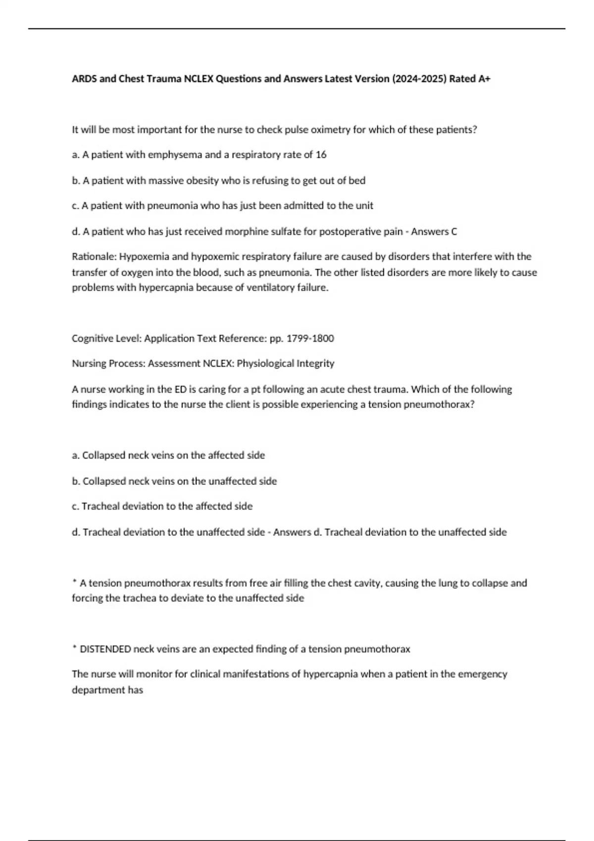 ARDS and Chest Trauma NCLEX Questions and Correct Answers Latest ...