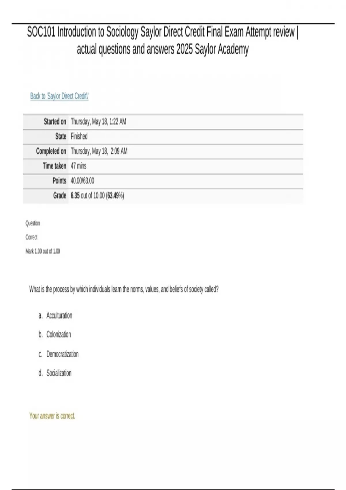 SOC101 Introduction to Sociology Saylor Direct Credit Final Exam ...