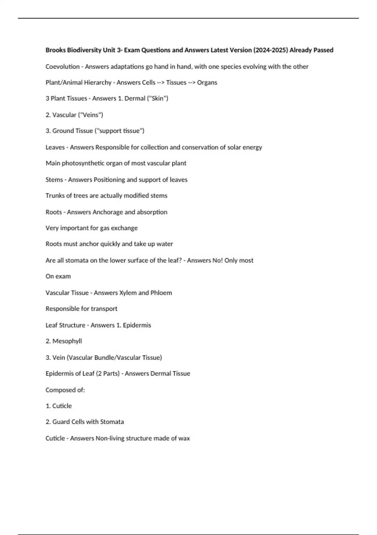 Brooks Biodiversity Unit 3- Exam Questions and Answers Latest Version ...