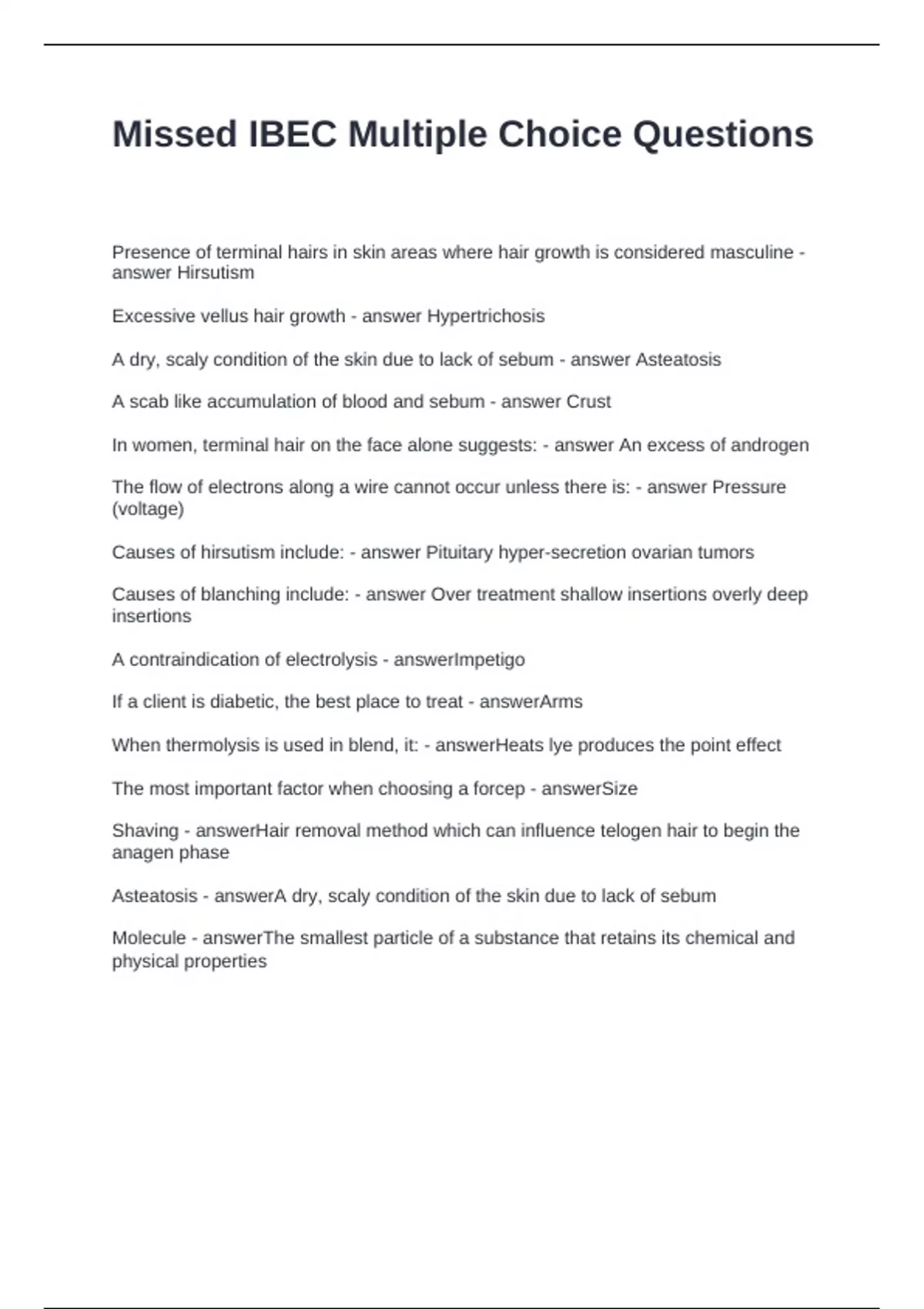 Missed IBEC Multiple Choice Questions and Answers - IBEC - Stuvia US