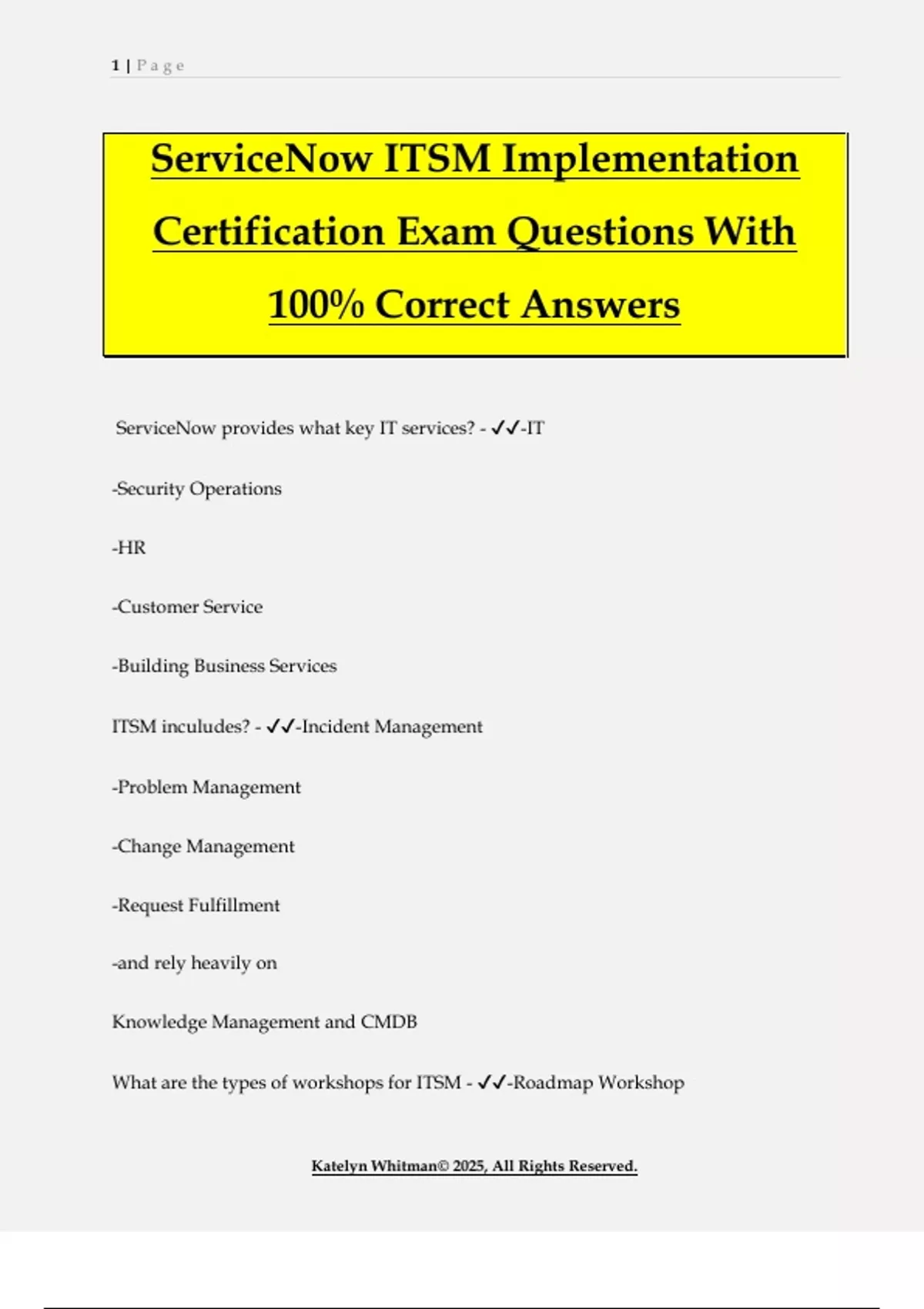 ServiceNow ITSM Implementation Certification Exam Questions With 100% Correct Answers ...