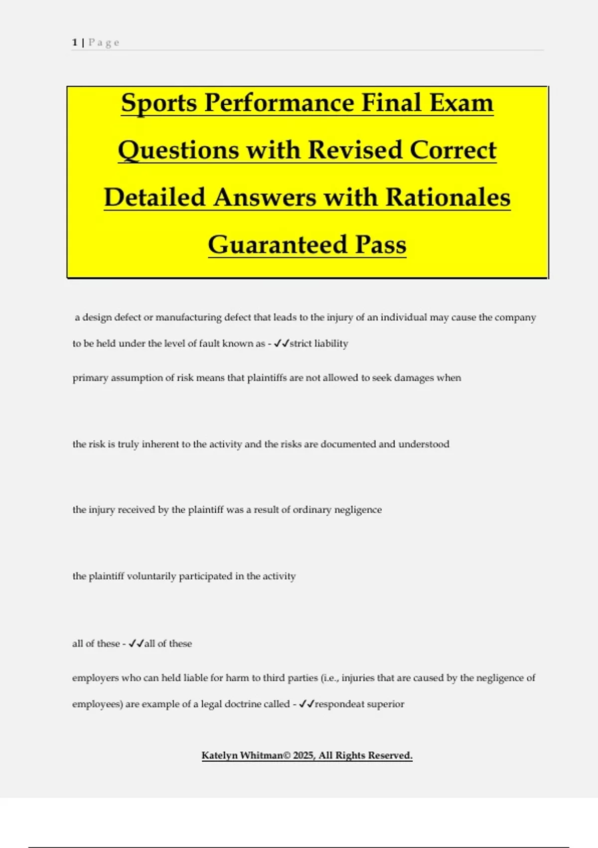 Sports Performance Final Exam Questions with Revised Correct Detailed ...