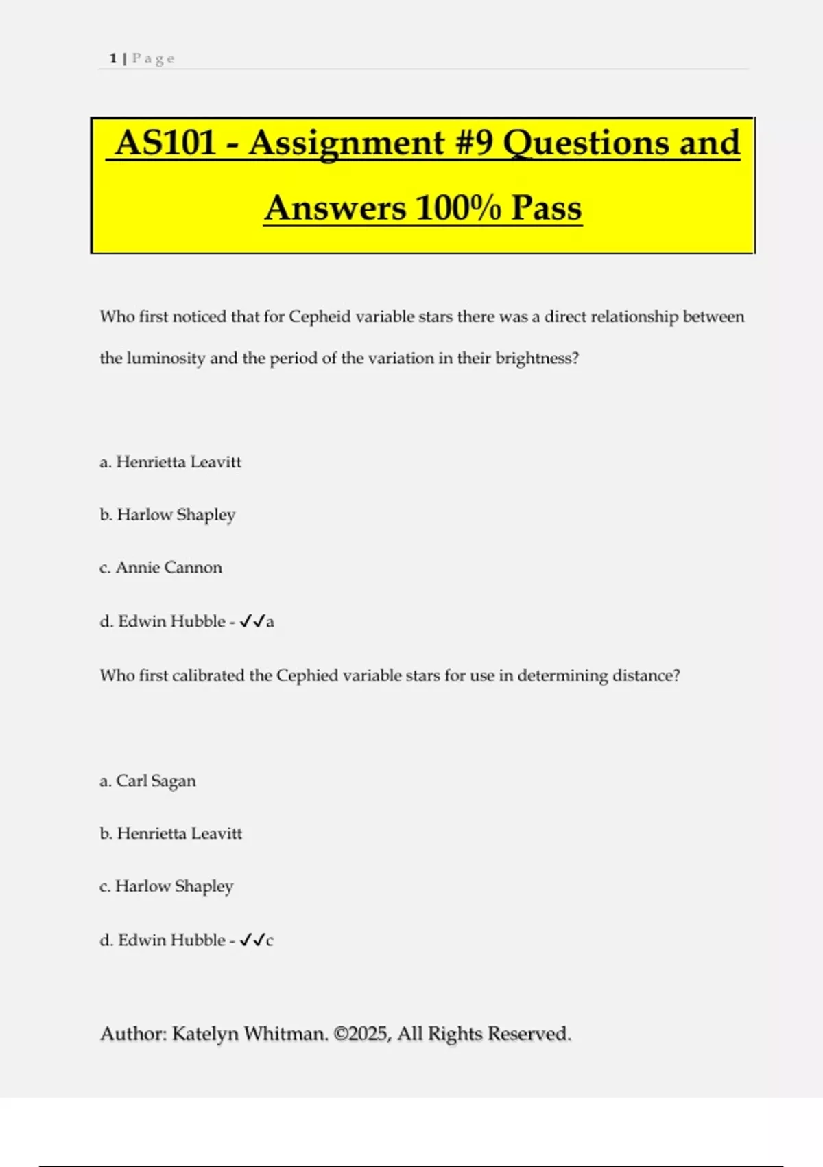 AS101 - Assignment #9 Questions and Answers 100% Pass - AS101 - Stuvia US
