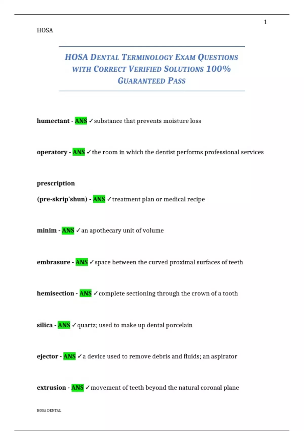 HOSA DENTAL TERMINOLOGY COMPILED EXAMs QUESTIONS WITH CORRECT VERIFIED ...