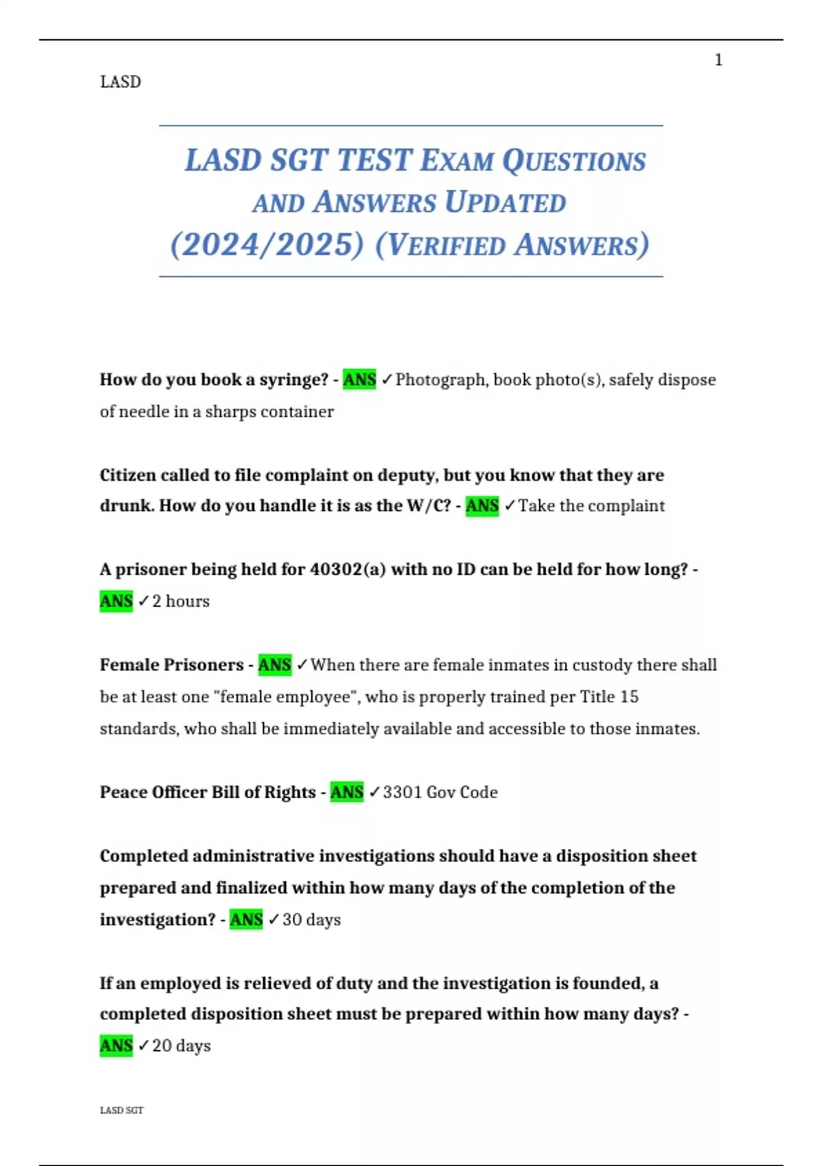 LASD SGT TEST EXAM QUESTIONS AND ANSWERS UPDATED (2024/2025) (VERIFIED ...
