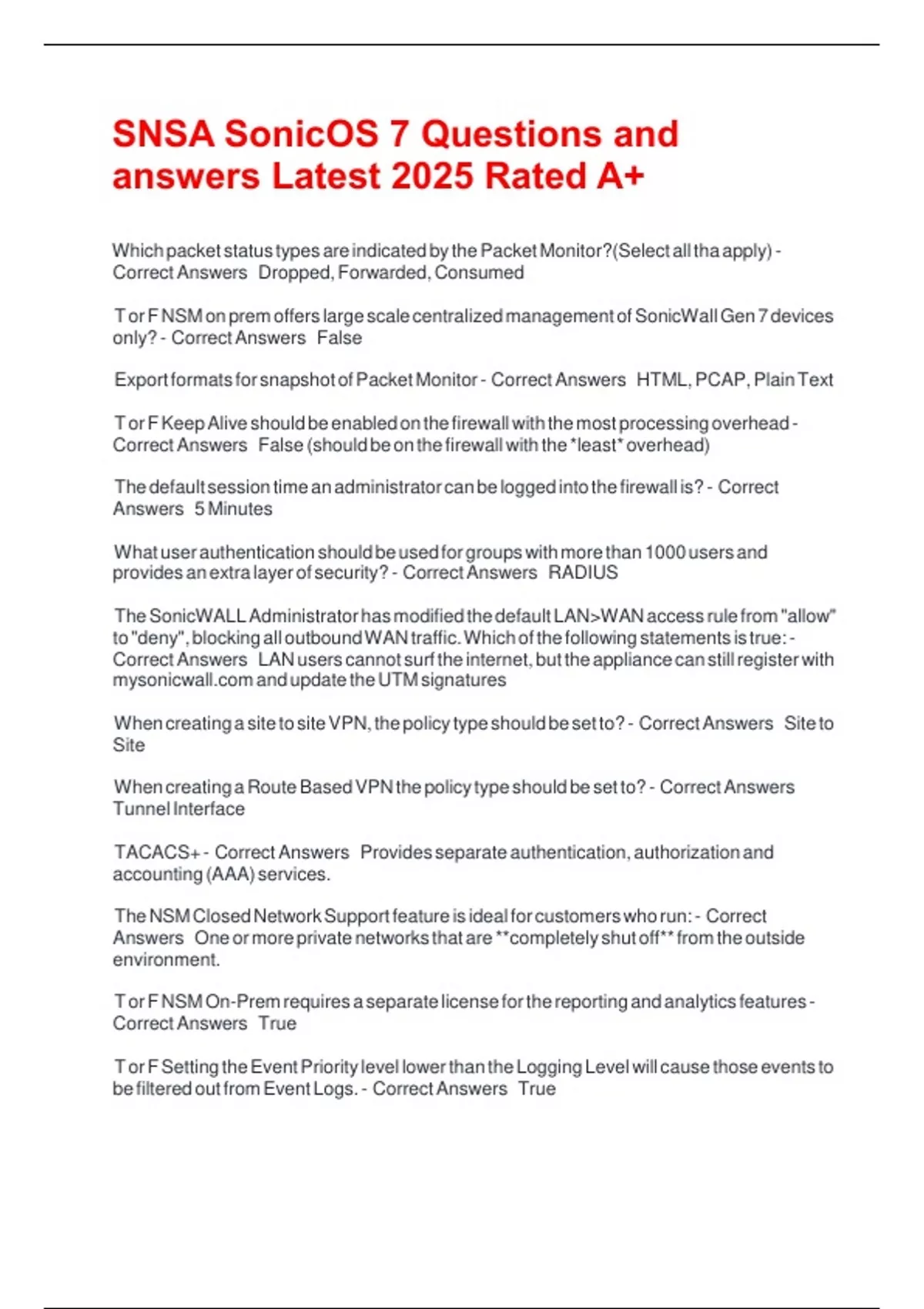 SNSA SonicOS 7 Questions and answers Latest 2025 Rated A+ - SNSA ...