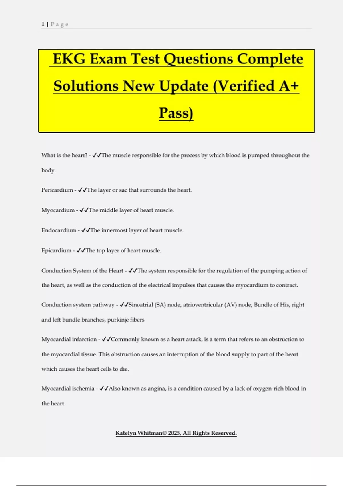 EKG Exam Test Questions Complete Solutions New Update (Verified A+ Pass ...
