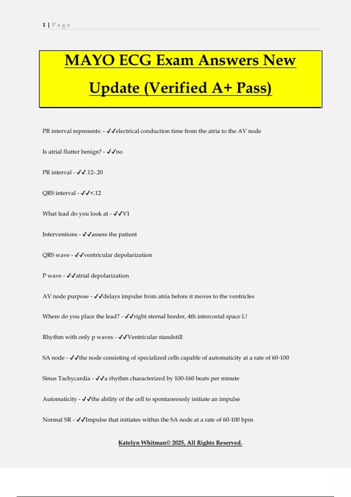 MAYO ECG Exam Answers New Update (Verified A+ Pass) - Ekg - Stuvia US