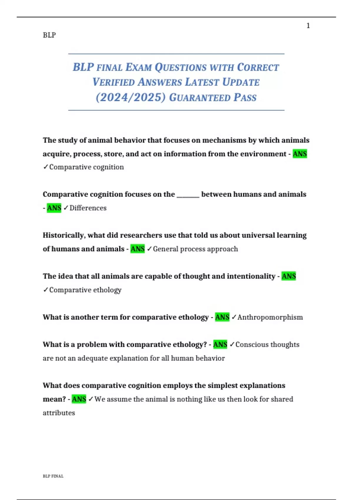 BLP FINAL EXAM QUESTIONS WITH CORRECT VERIFIED ANSWERS LATEST UPDATE ...