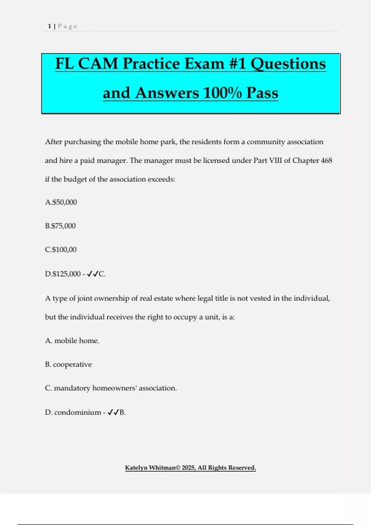 FL CAM Practice Exam #1 Questions and Answers 100% Pass - Florida Community Association Manager ...