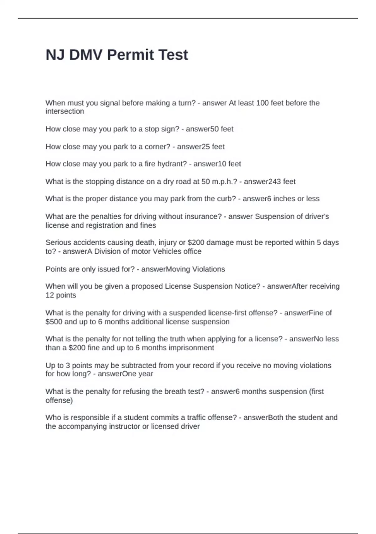 NJ DMV Permit Test Questions with correct Answers - NJ Permit - Stuvia US