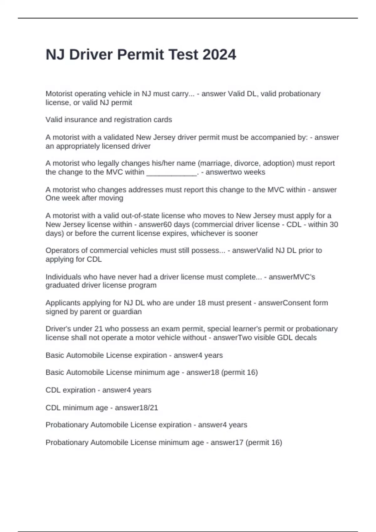 NJ Driver Permit Test 2024 Questions with correct Answers - NJ Permit ...