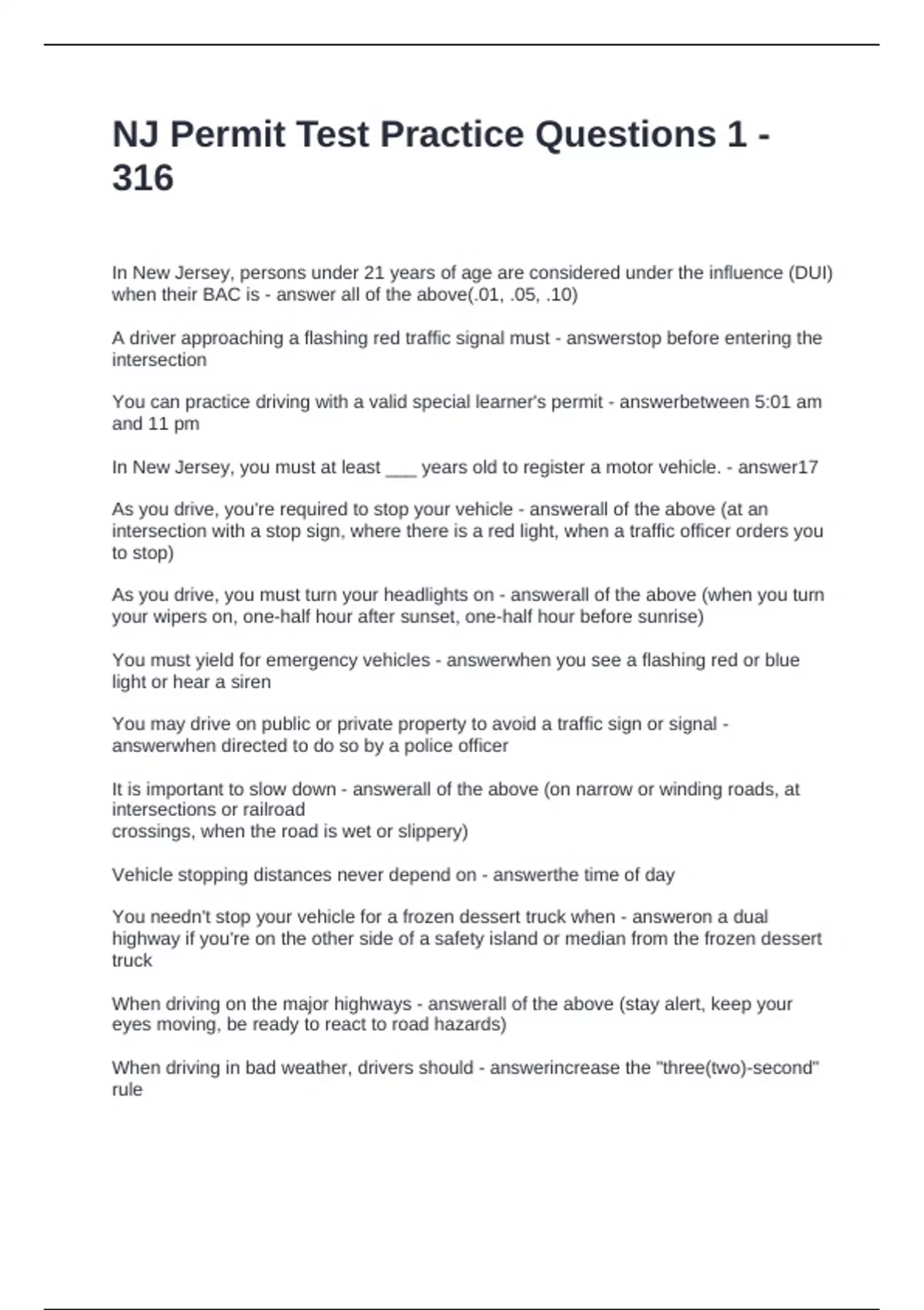 NJ Permit Test Practice Questions 1 - 316 Questions with Solutions - NJ ...