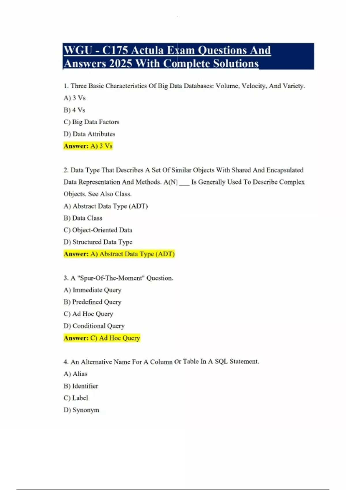 WGU - C175 Actula Exam Questions And Answers 2025 With Complete ...