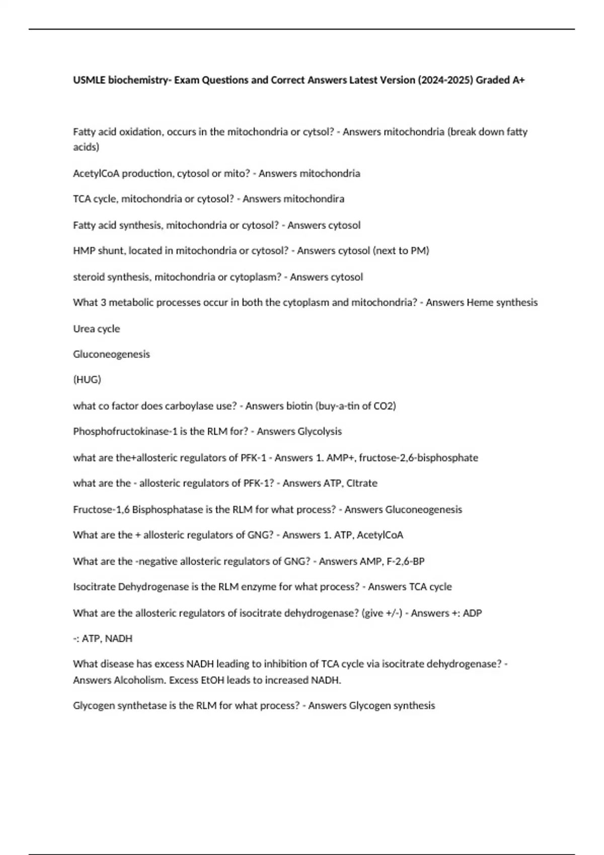 USMLE biochemistry- Exam Questions and Correct Answers Latest Version ...