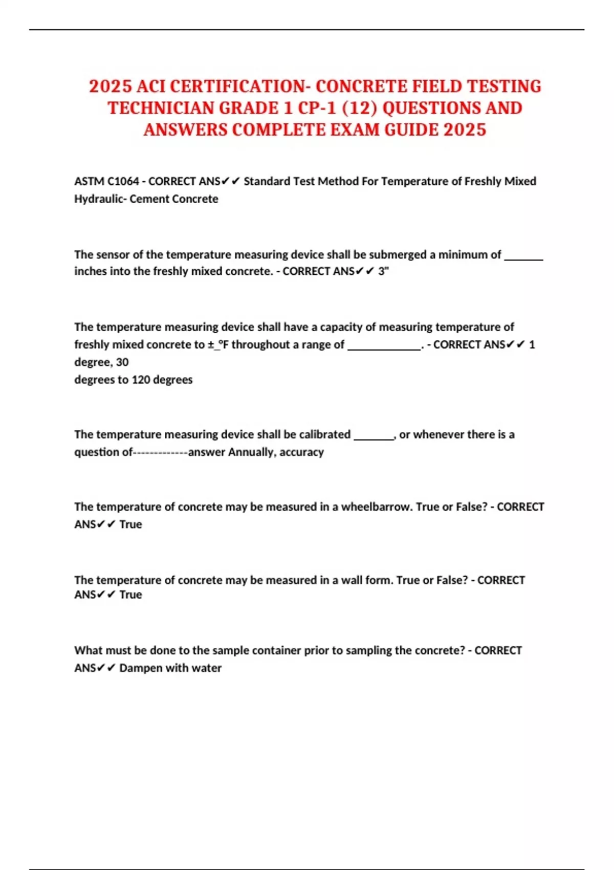 2025 ACI CERTIFICATION- CONCRETE FIELD TESTING TECHNICIAN GRADE 1 CP-1 ...