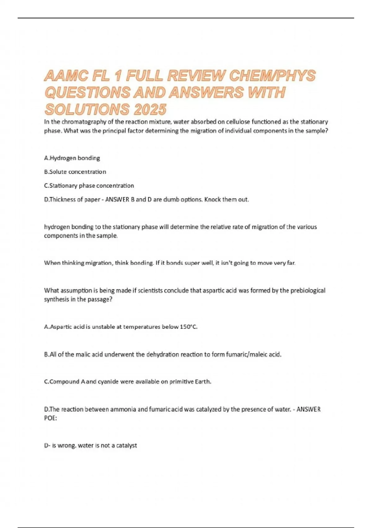 AAMC FL 1 FULL REVIEW CHEM/PHYS QUESTIONS AND ANSWERS WITH SOLUTIONS ...