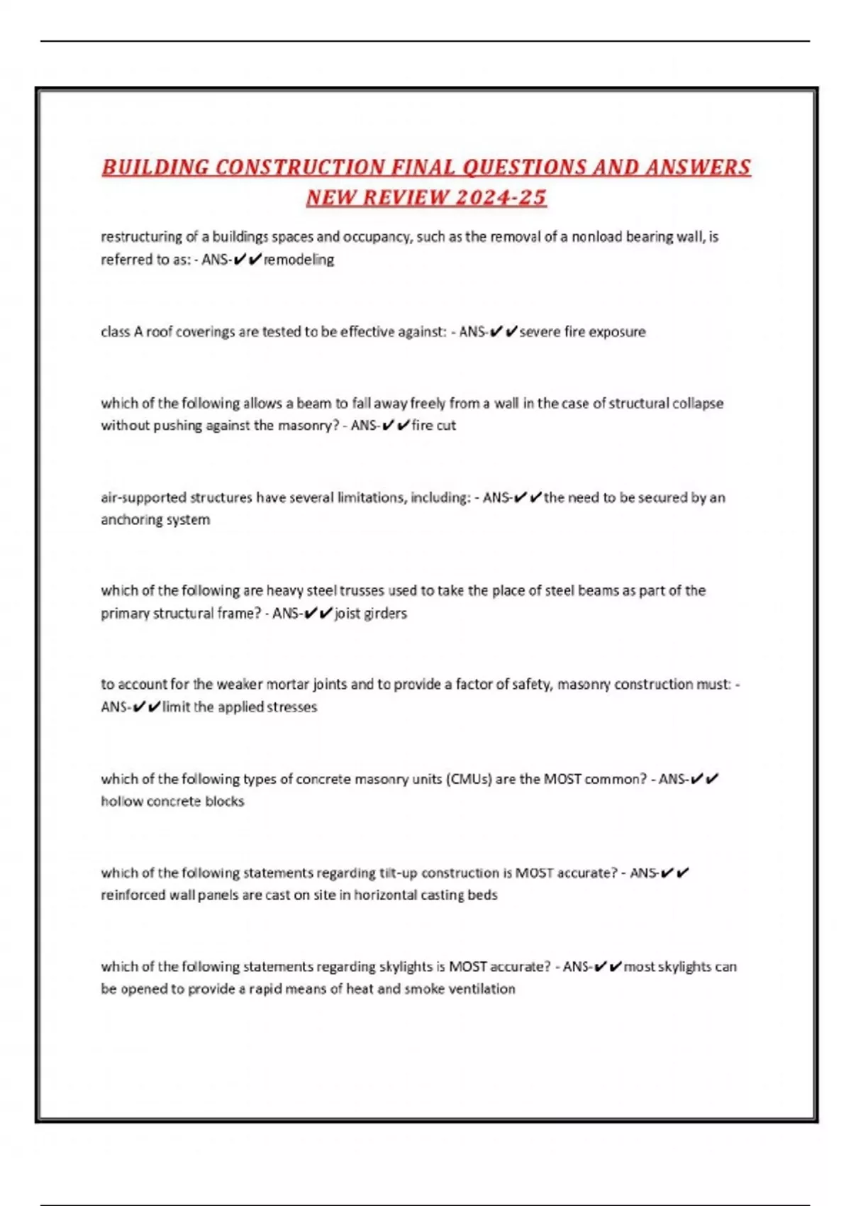 BUILDING CONSTRUCTION FINAL QUESTIONS AND ANSWERS NEW REVIEW 2024-25 ...