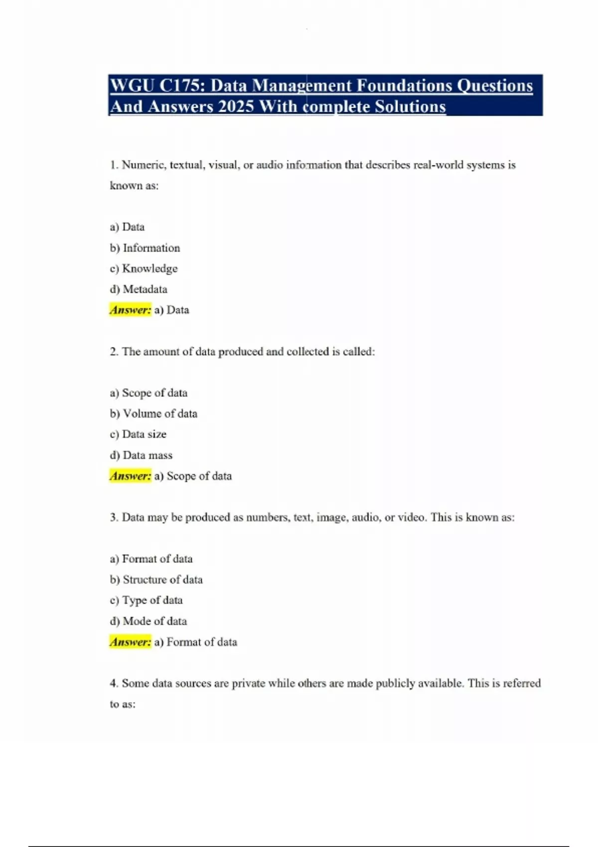 WGU C175: Data Management Foundations Questions And Answers 2025 With complete Solutions ...