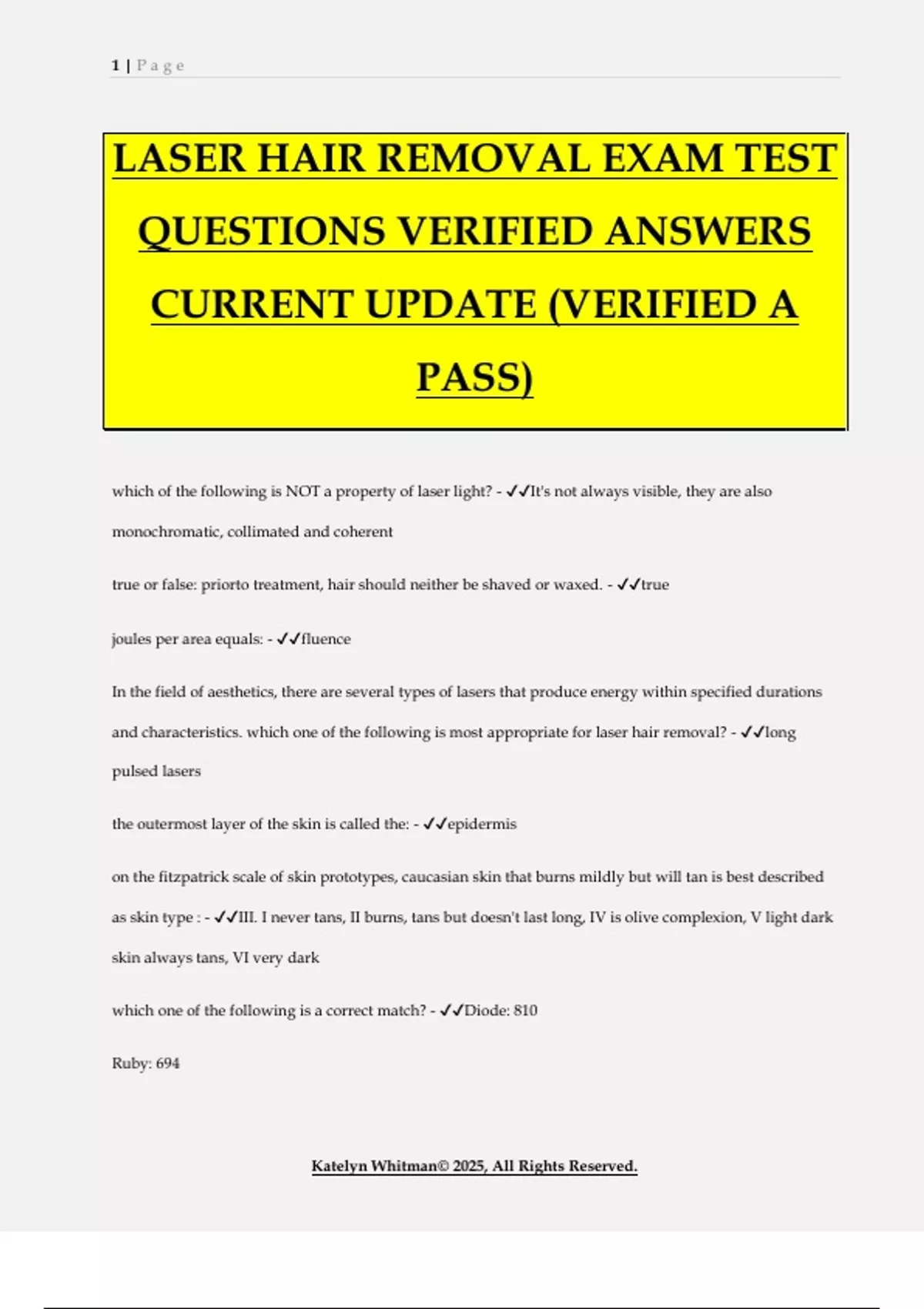 LASER HAIR REMOVAL EXAM TEST QUESTIONS VERIFIED ANSWERS CURRENT UPDATE ...
