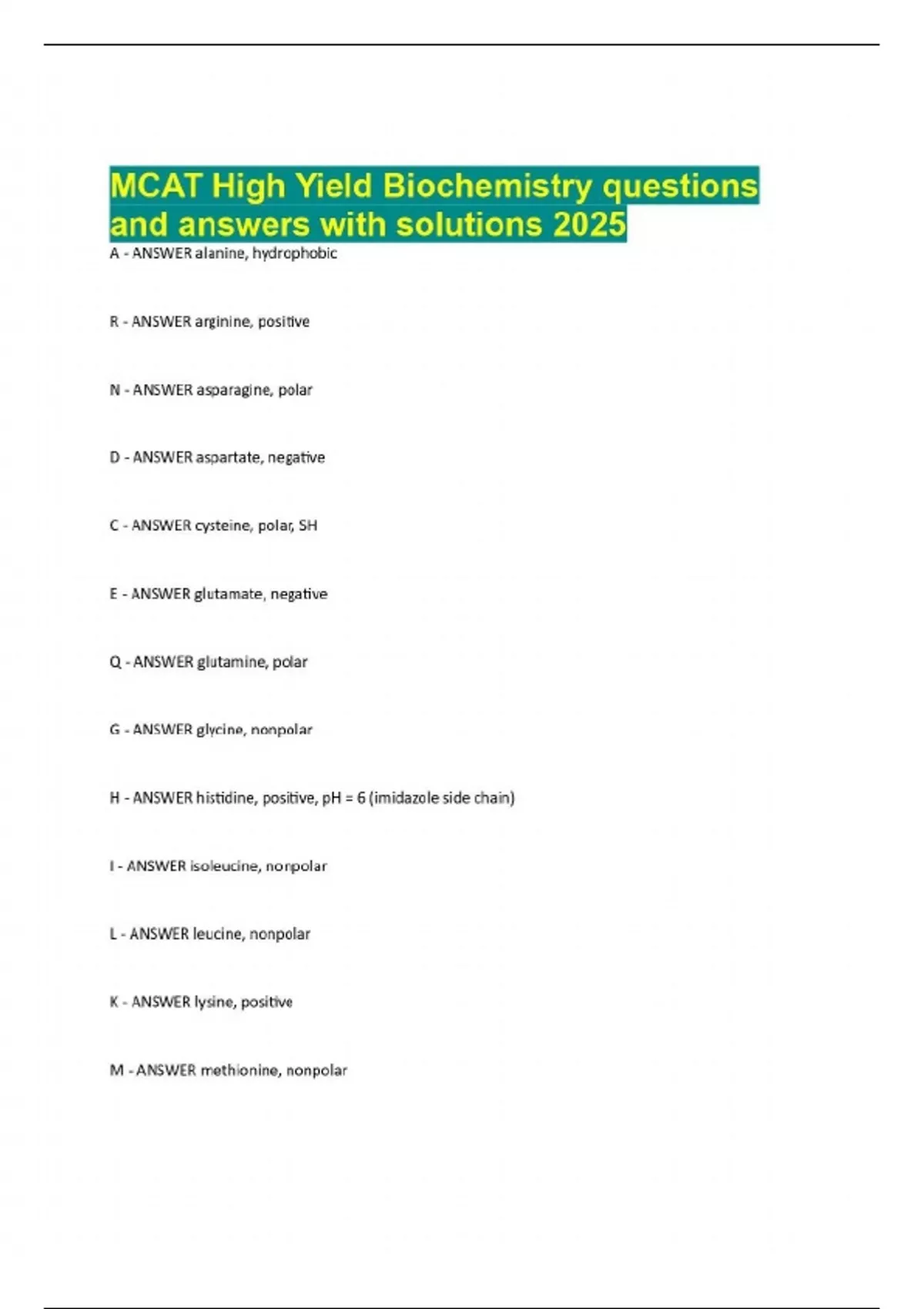 MCAT High Yield Biochemistry questions and answers with solutions 2025 ...