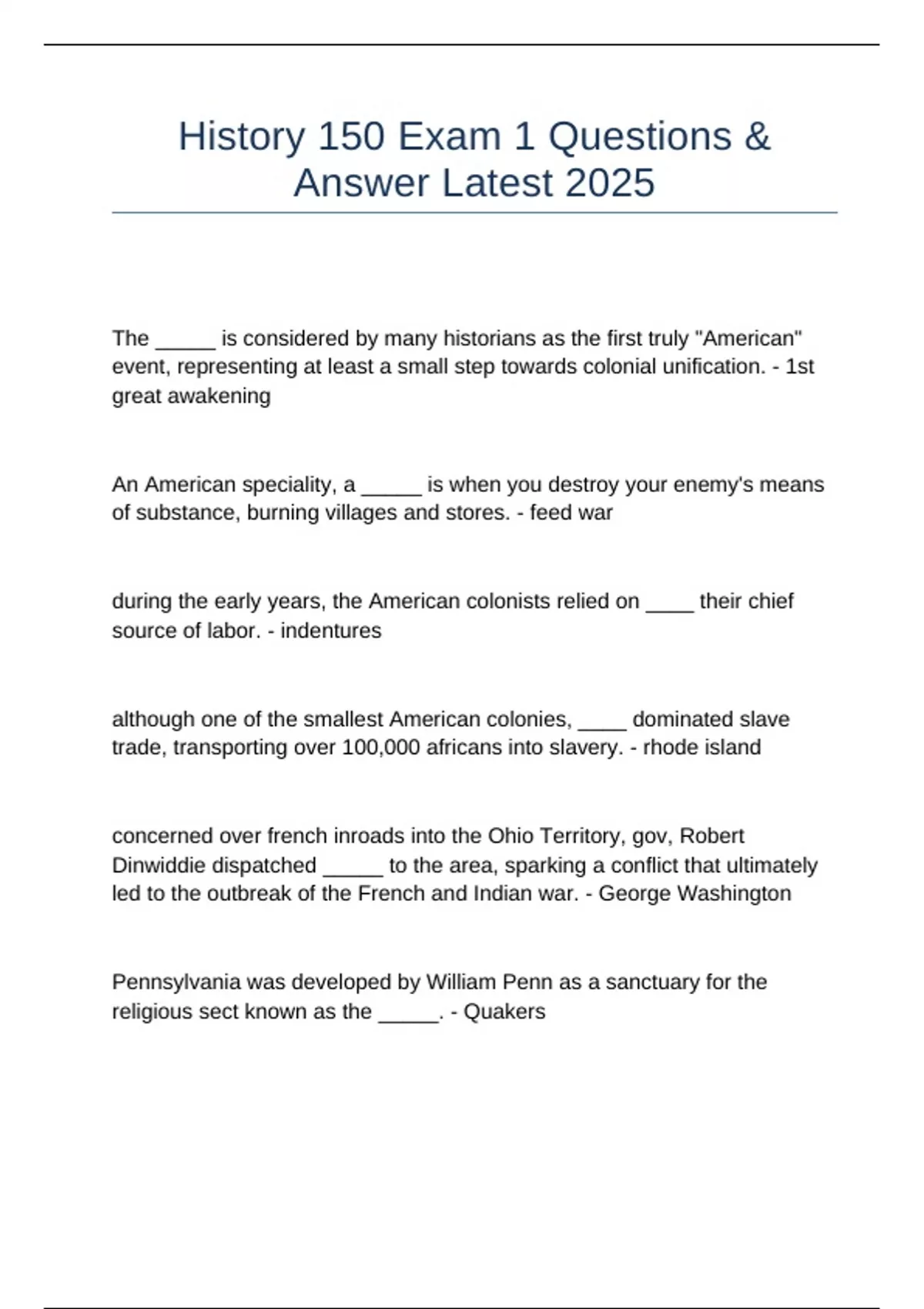 History 150 Exam 1 Questions & Answer Latest 2025 - HIST 150 - Stuvia US