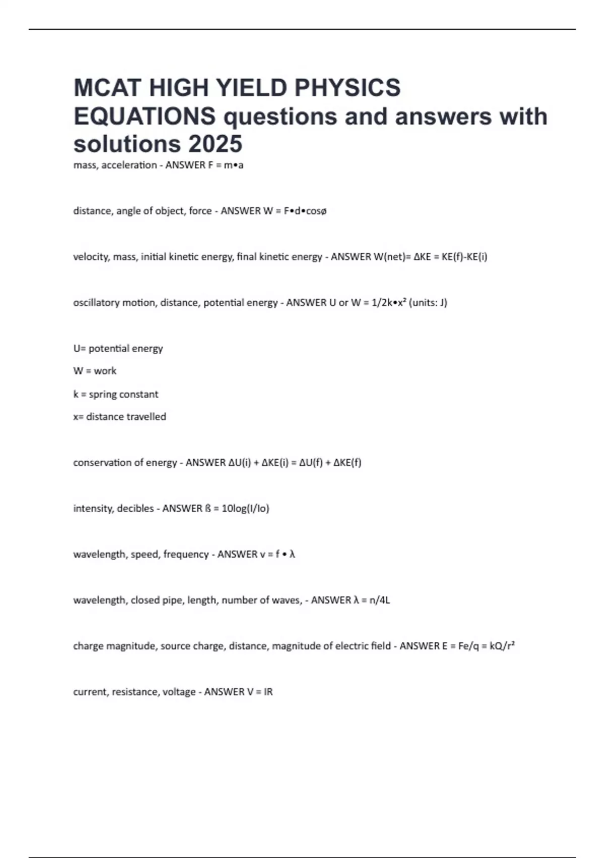 MCAT HIGH YIELD PHYSICS EQUATIONS questions and answers with solutions ...
