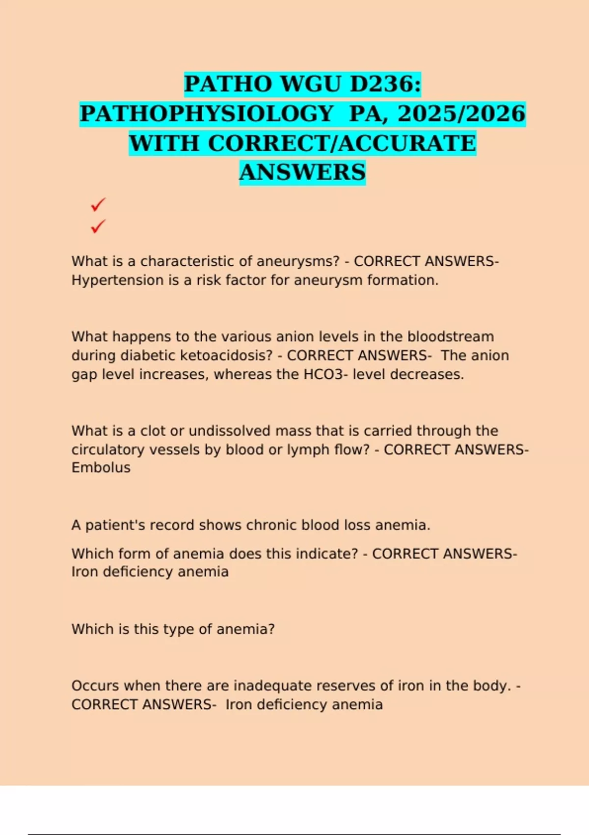 PATHO WGU D236: PATHOPHYSIOLOGY PA, 2025/2026 WITH CORRECT/ACCURATE ...