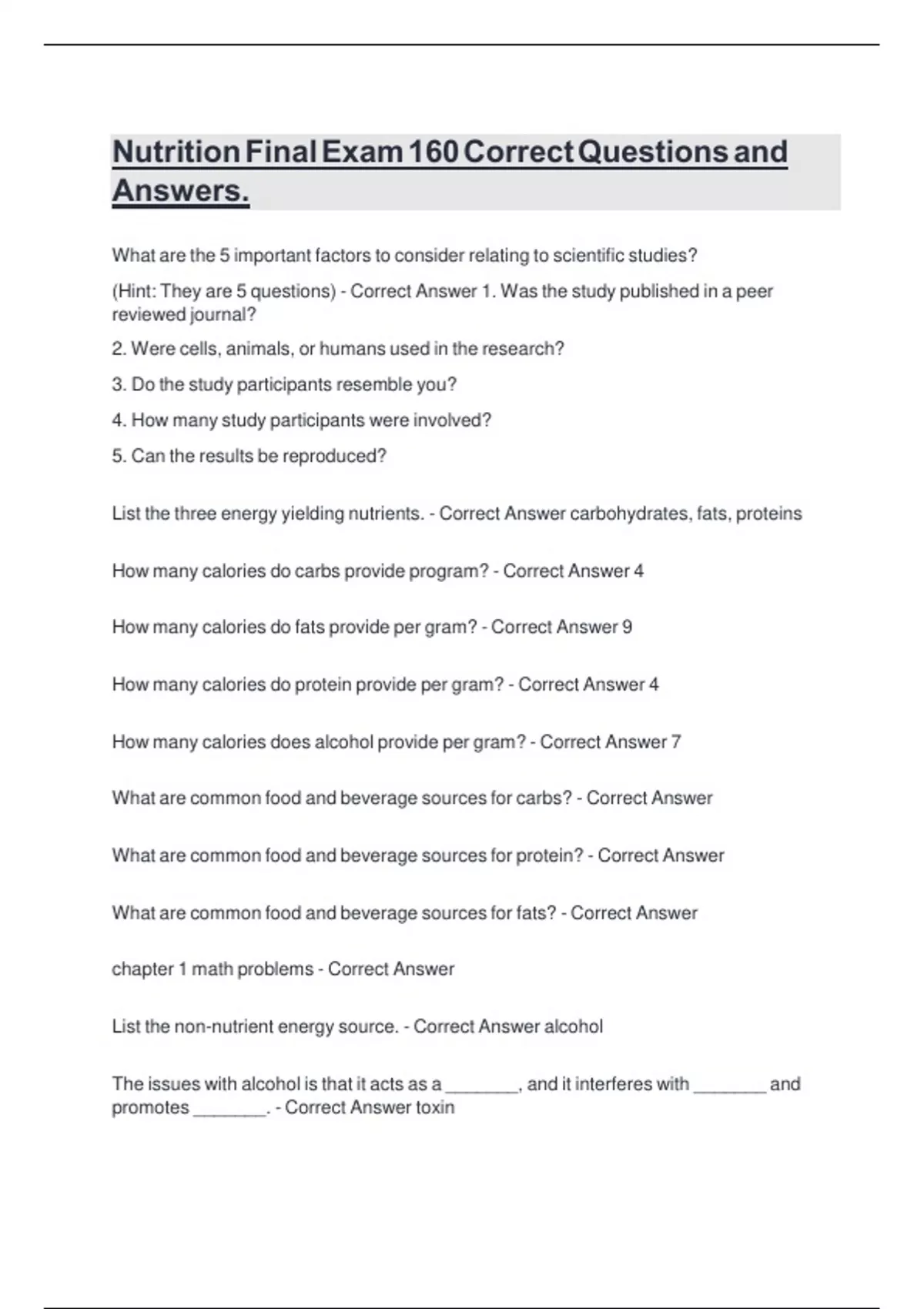 Nutrition Final Exam 160 Correct Questions and Answers. - Nutrition ...