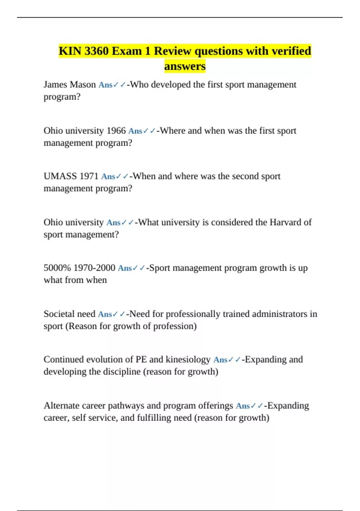 KIN 3360 Exam 1 Review questions with verified answers - Kinesiology - Stuvia US