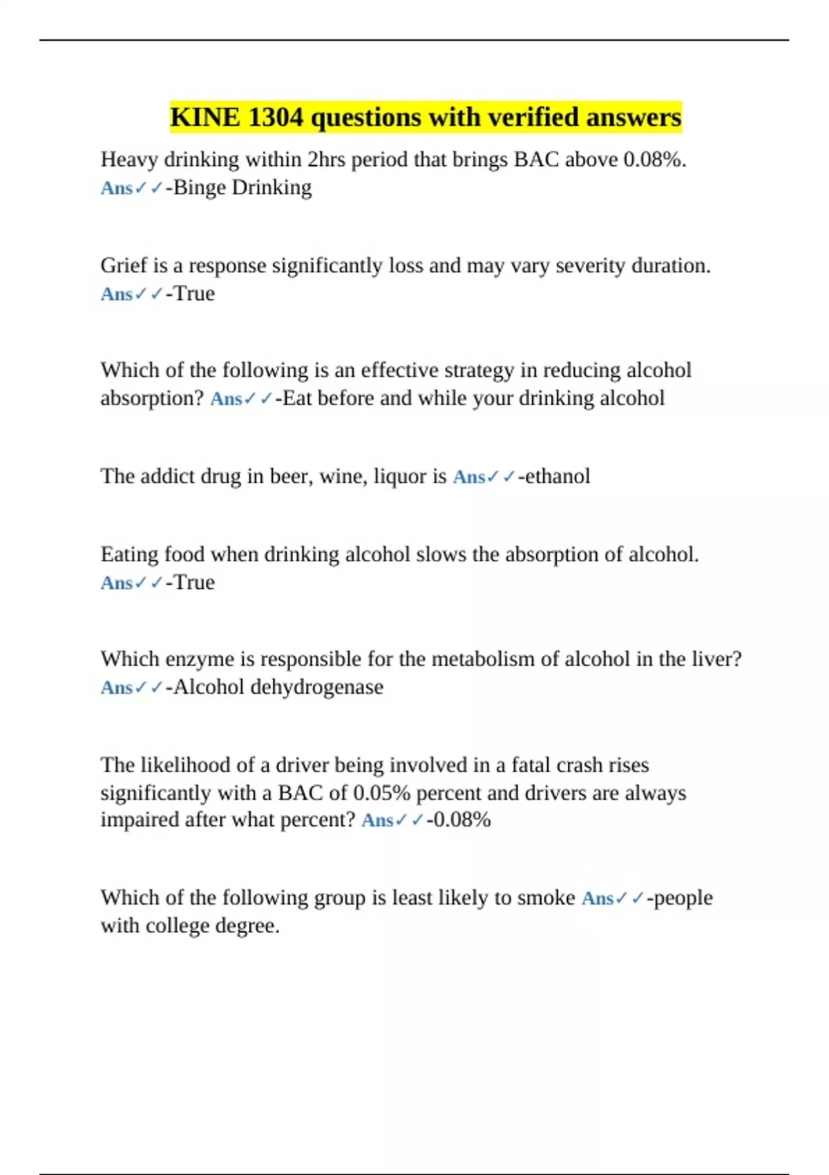 KINE 1304 questions with verified answers - Kinesiology - Stuvia US