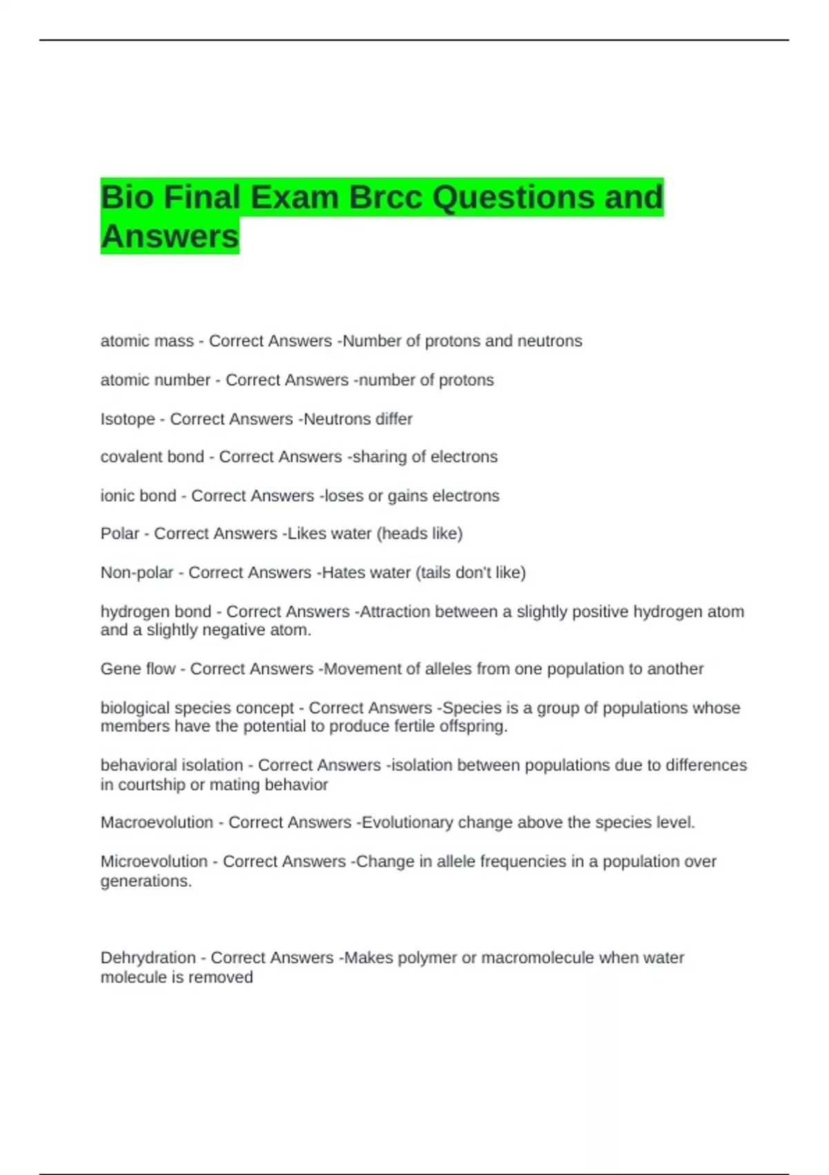 Bio Final Exam Brcc Questions and Answers - BRCC - Stuvia US